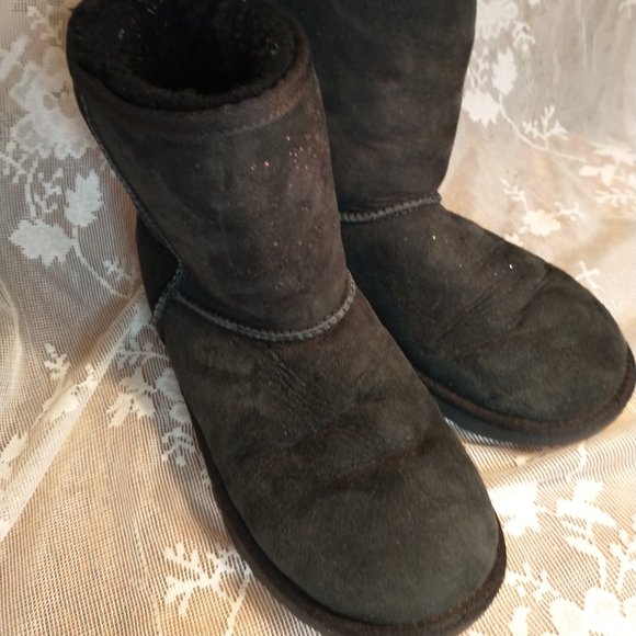 UGG | Shoes | Ugg Black Suede Mini Classic Short Boot Sheepskin Lining ...